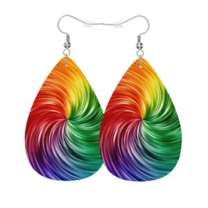 vosach earrings for women rainbow vortex, colorful rainbow geometric stripes lines swirl fashion leather teardrop earrings lightweight earrings for women friends bridal