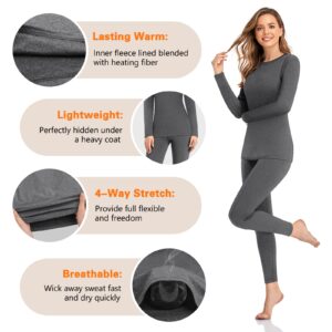 SIMIYA Thermal Underwear Set for Women Long Johns with Fleece Lined Long Sleeves Base Layer Set Top Bottom Grey