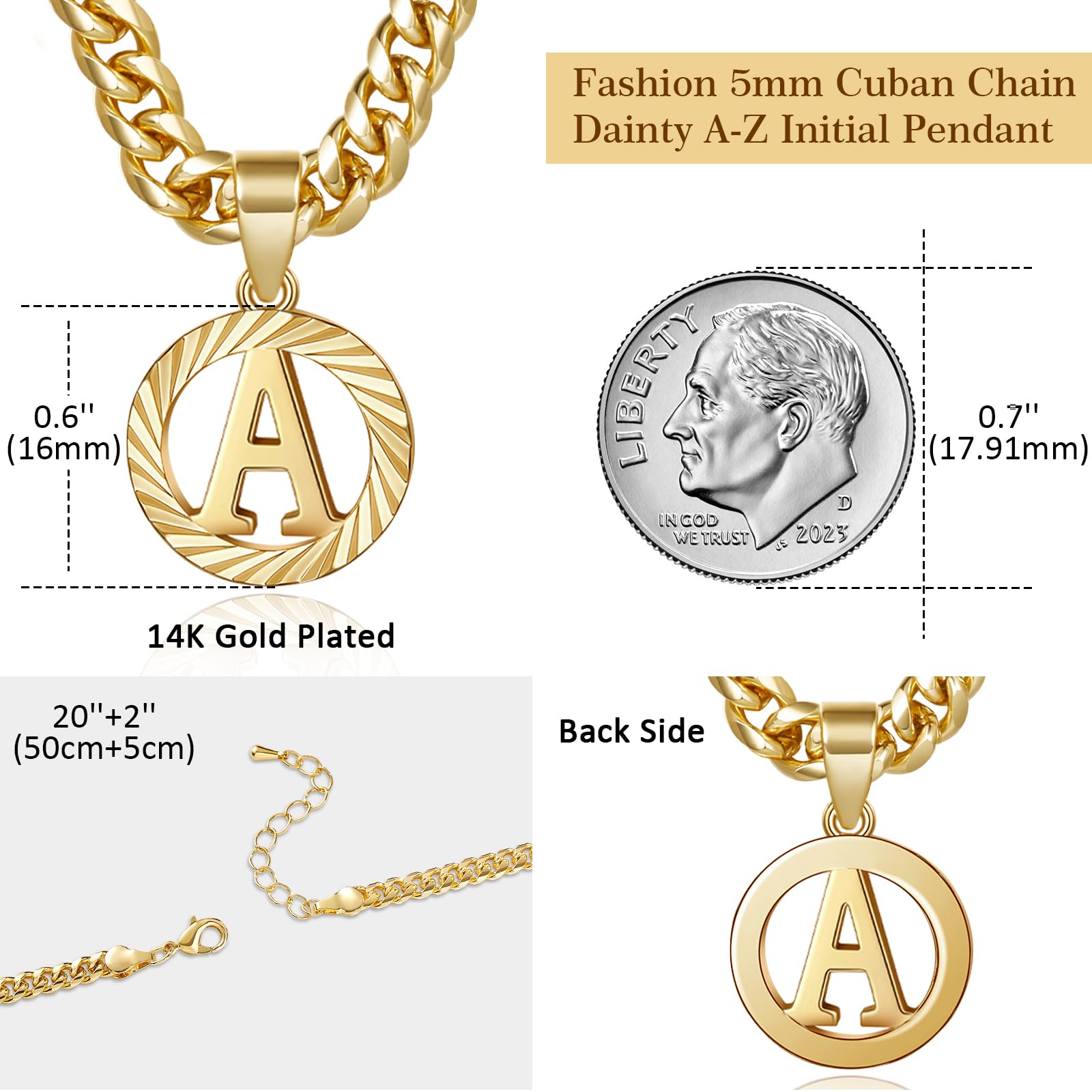 KissYan Gold Initial Necklace,14K Gold Plated Round Letter Pendant Hollow Capital Monogram 5mm Cuban Chain Necklace Alhpabets from A-Z Dainty Jewelry for Women Men(Gold A)