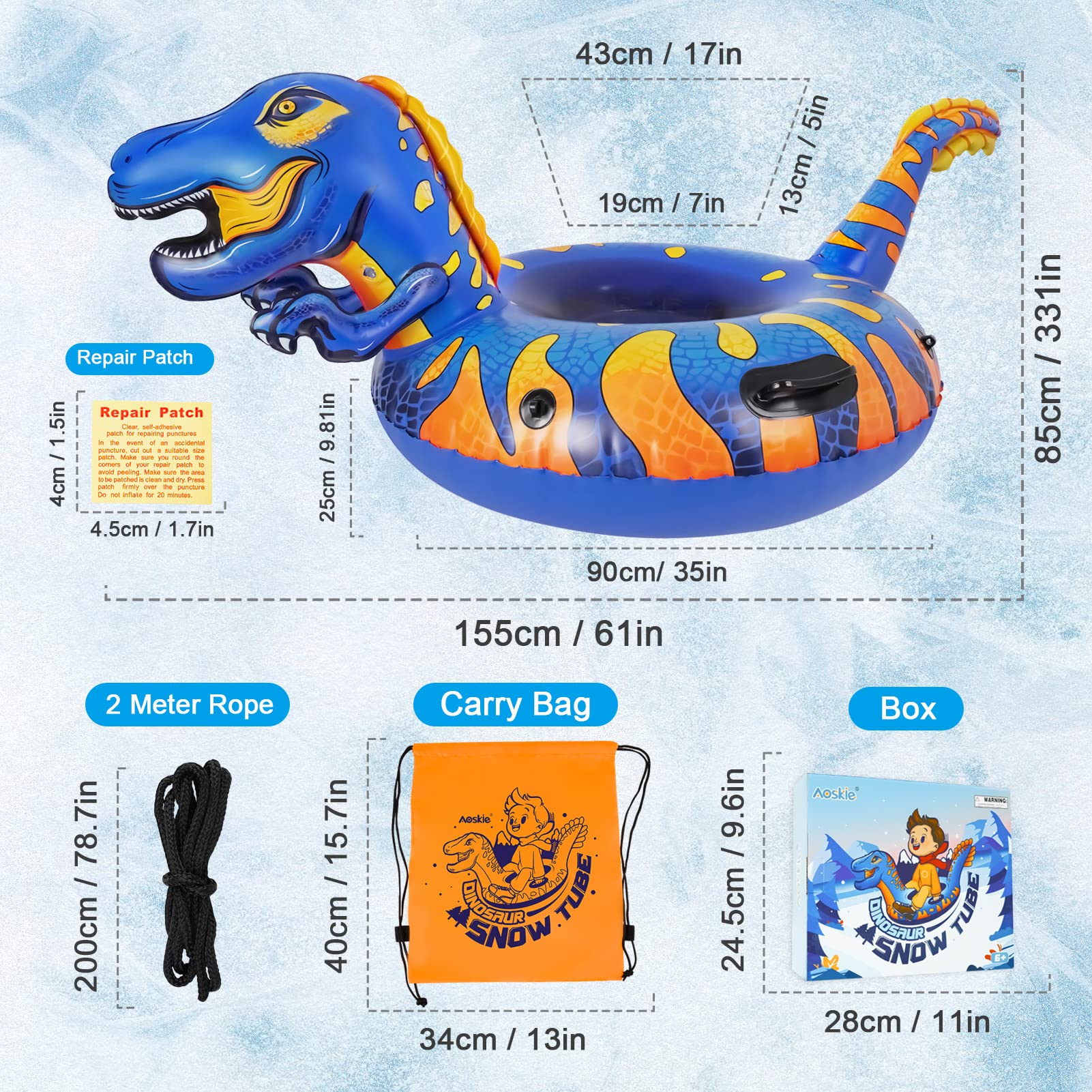 Aoskie Dinosaur Snow Tube Inflatable Snow Sled with Handles, Heavy Duty Snow Tube for Outdoor Sledding, Winter Snow Tube for Kids and Adults, Make of Double-Layers Bottom