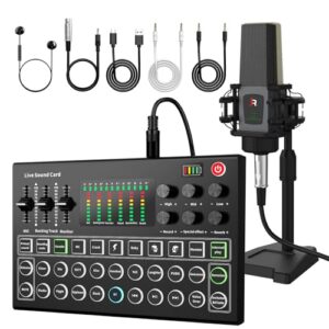 rhm podcast equipment bundle, all-in-one audio interface dj mixer with microphone, stand, monitor earphone, audio mixer with sound card for pc/laptop/phone, streaming/podcasting/gaming