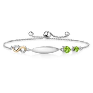 gem stone king 925 silver and 10k yellow gold infinity lab grown diamond engraved initial id tennis bracelet for women heart shape green peridot (0.82 cttw, fully adjustable up to 9 inch)