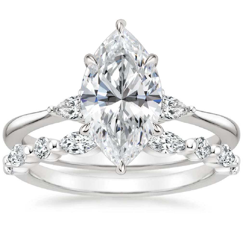 JEWELERYN Lovely Solitiare Bridal Set, Marquise Cut 3 CT, Colorless Moissanite Ring Set, 925 Sterling Silver, Engagement Ring, Wedding Ring, Christmas Gift, Perfact for Gift Or As You Want (6.5)