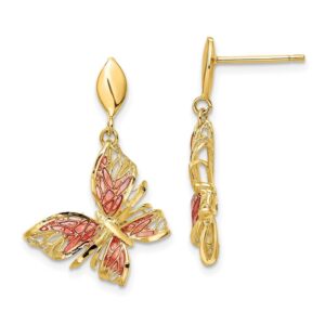 diamond2deal 14k yellow gold polished diamond cut pink enamel butterfly dangle earrings (l- 1.1 in, w- 0.73 in)