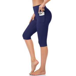 hiskywin women's knee length leggings capris high waisted yoga workout exercise casual summer shorts with pockets hf850-indigo blue-m