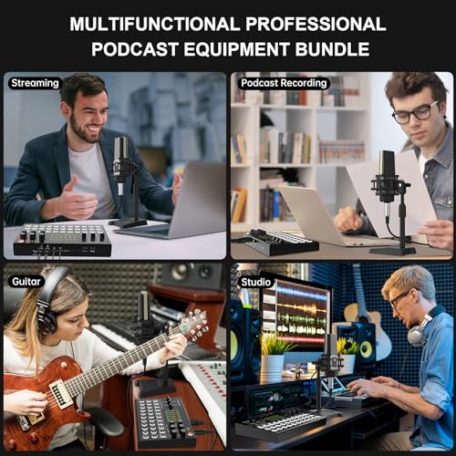 RHM Podcast Equipment Bundle, All-in-One Audio Interface DJ Mixer with Microphone, Stand, Monitor Earphone, Audio Mixer With Sound card for PC/Laptop/Phone, Streaming/Podcasting/Gaming