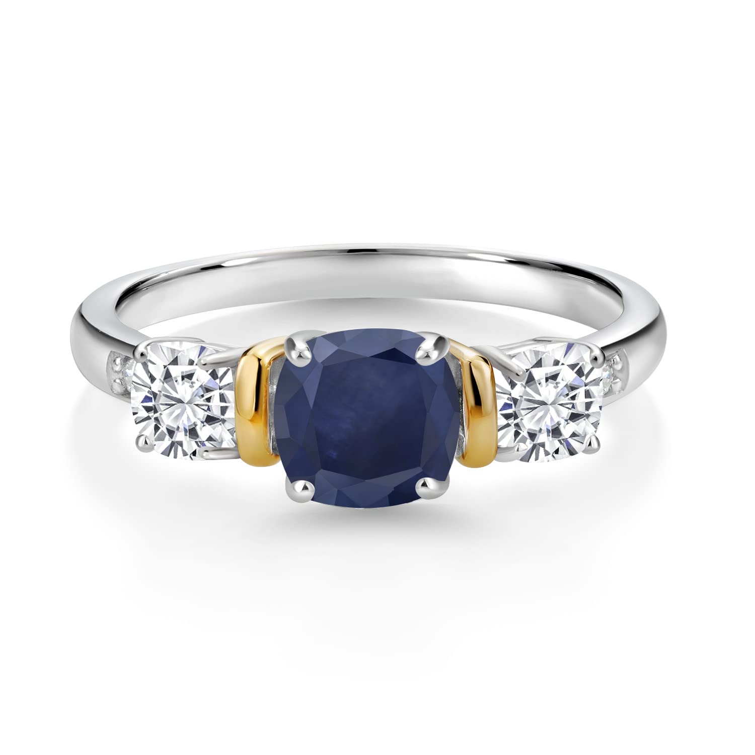 Gem Stone King 925 Sterling Silver and 10K Yellow Gold Blue Sapphire White Moissanite and White Diamond 3-Stone Engagement Ring (1.96 Cttw, Gemstone Birthstone, Available In Size 5, 6, 7, 8, 9)