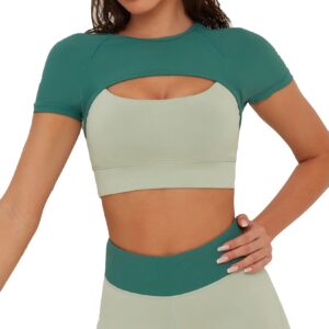 lu's chic women's crop tops with built-in bra short sleeve workout t shirt padded tshirt sports fitness active yoga athletic crew neck padded hollow out tight tee gym green medium