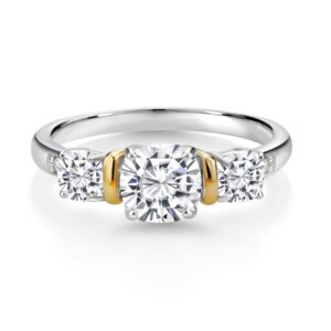 gem stone king 925 sterling silver and 10k yellow gold white moissanite and white diamond 3-stone engagement ring for women (1.76 cttw, available in size 5, 6, 7, 8, 9)