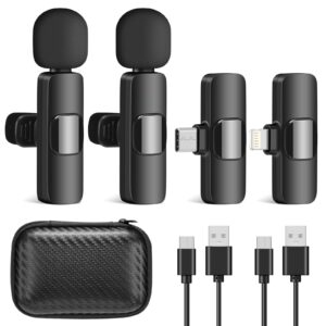 wireless microphone for iphone ipad android, (2 mics & 2 receivers) plug-play wireless lavalier microphone for video recording, auto-sync clip on lapel mic for youtube/facebook/tiktok/interview/vlog