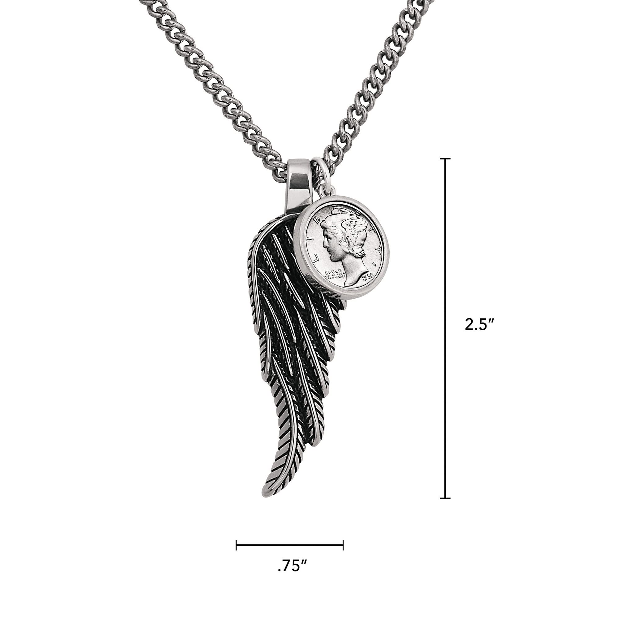 American Coin Treasures Coin Pendant Mercury Dime Wing Stainless Steel With 23 inch S-Curb Chain Necklace