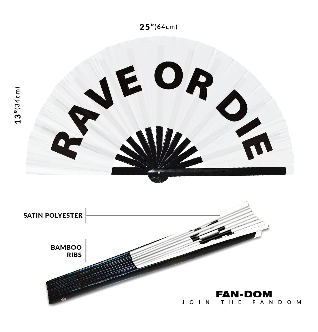 Rave or Die hand fan foldable bamboo circuit hand fan funny gag slang words expressions statement gifts Festival accessories Rave handheld Circuit event fan Clack fans (White)