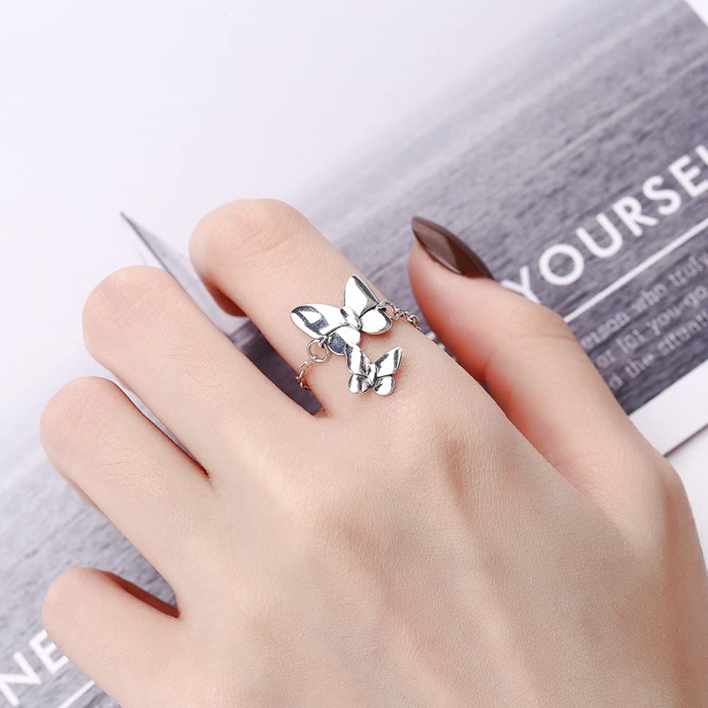 S925 Sterling Silver Women's Temperament Lady Butterfly Chain Stitching Light Luxury Adjustable Ring