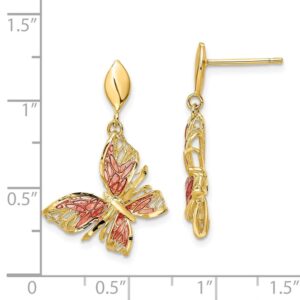 Diamond2Deal 14k Yellow Gold Polished Diamond Cut Pink Enamel Butterfly Dangle Earrings (L- 1.1 in, W- 0.73 in)