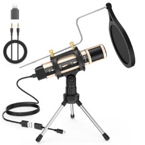 zealsound microphone,usb&3.5mm mic w/type-c adapter for i-phone computer phone,condenser microphone with echo volume,tripod stand,pop filter,for asmr video recording streaming discord twitch