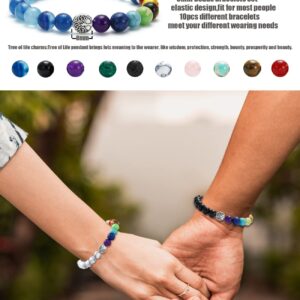 BOMAIL 10Pcs Tree of Life Healing Crystals Bracelet - 7 Chakra Semi Precious Stones Beaded Bracelets Yoga Stress Relief Reiki Stretch Bracelets for Women Men