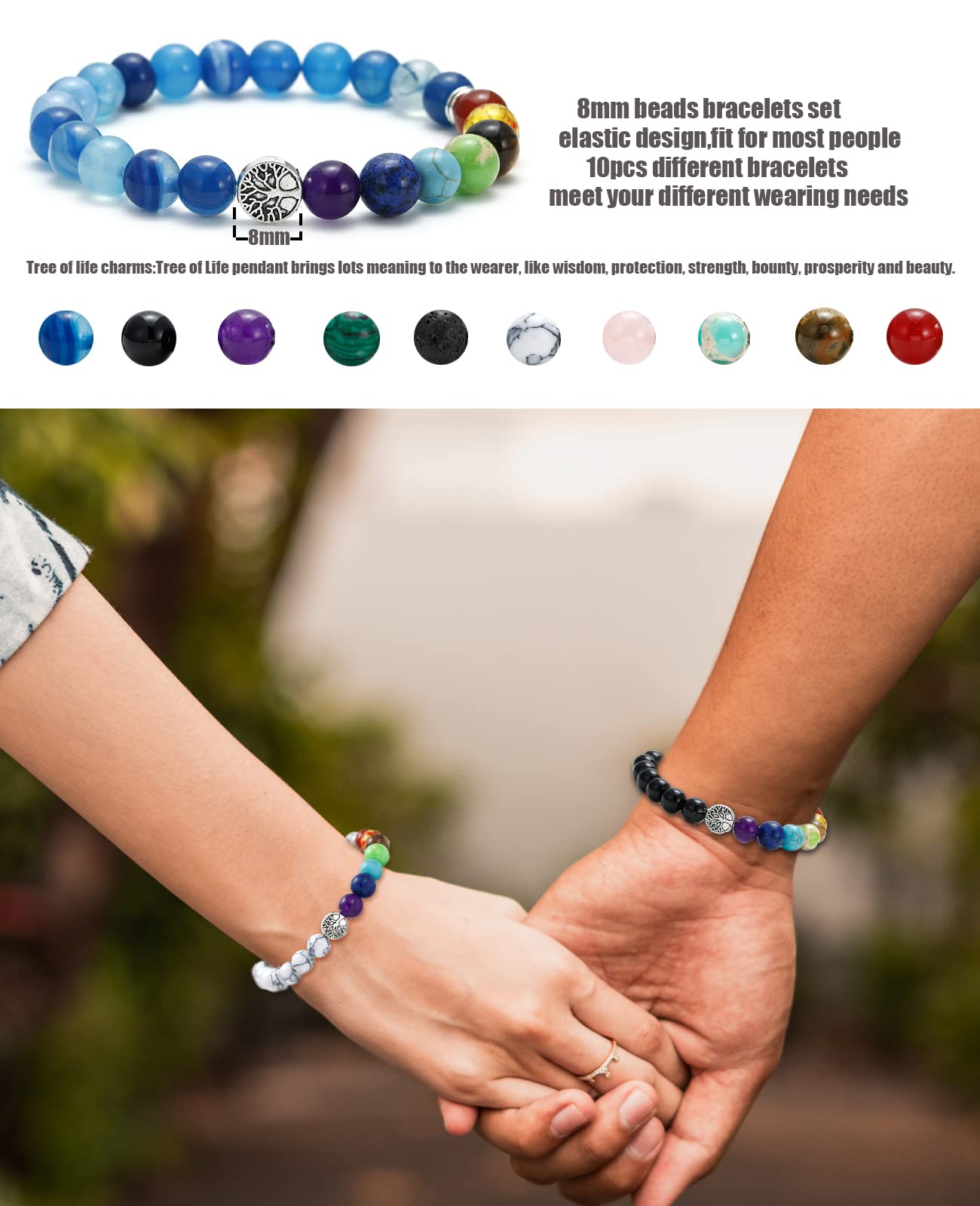 BOMAIL 10Pcs Tree of Life Healing Crystals Bracelet - 7 Chakra Semi Precious Stones Beaded Bracelets Yoga Stress Relief Reiki Stretch Bracelets for Women Men