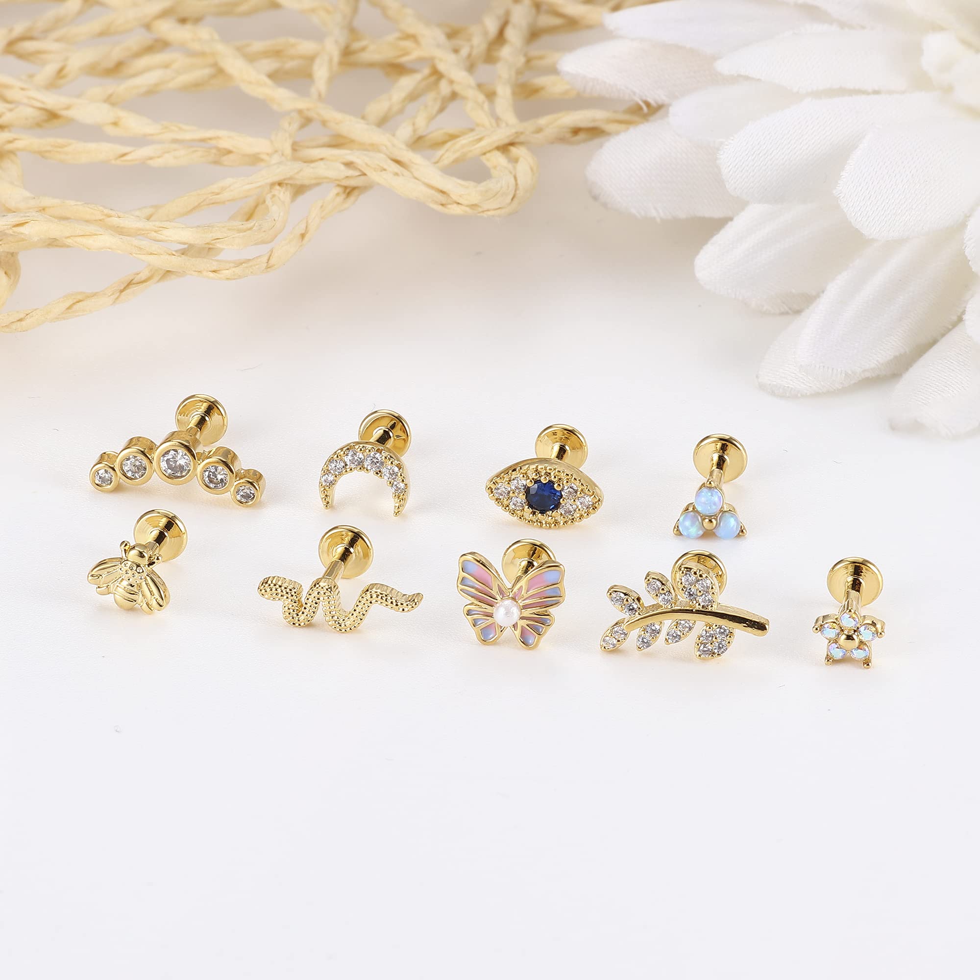 FUNRUN JEWELRY 9Pcs 16G Cartilage Stud Earring for Women Stainless Steel Top Screw Flat Back Earrings Butterfly Moon Flower CZ Cartilage Earrings Helix Tragus Piercing Jewelry, Length: 6MM, Metal,