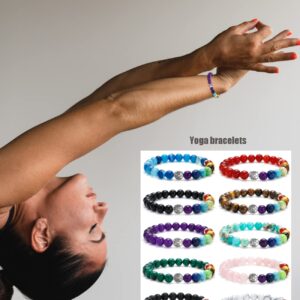 BOMAIL 10Pcs Tree of Life Healing Crystals Bracelet - 7 Chakra Semi Precious Stones Beaded Bracelets Yoga Stress Relief Reiki Stretch Bracelets for Women Men