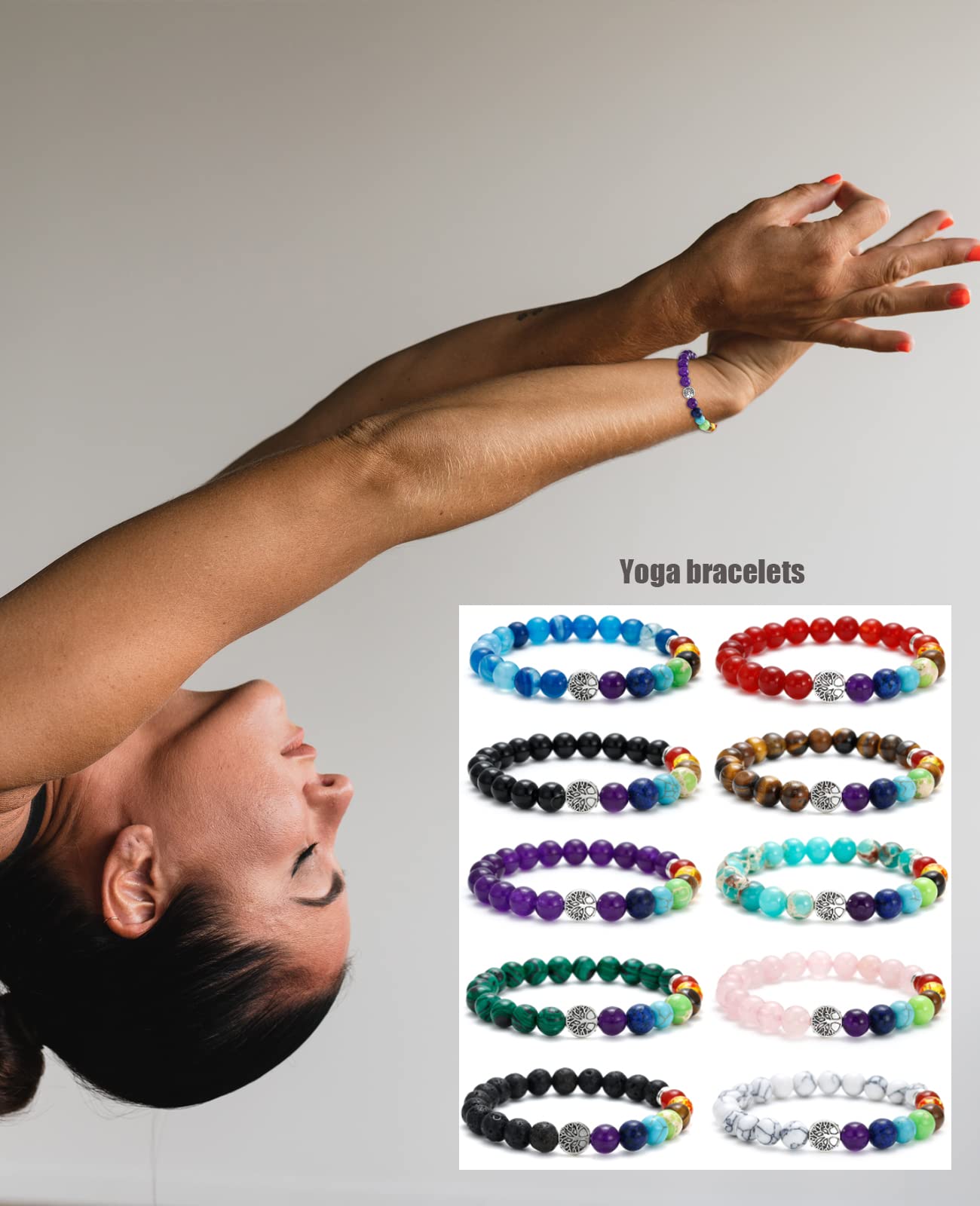 BOMAIL 10Pcs Tree of Life Healing Crystals Bracelet - 7 Chakra Semi Precious Stones Beaded Bracelets Yoga Stress Relief Reiki Stretch Bracelets for Women Men