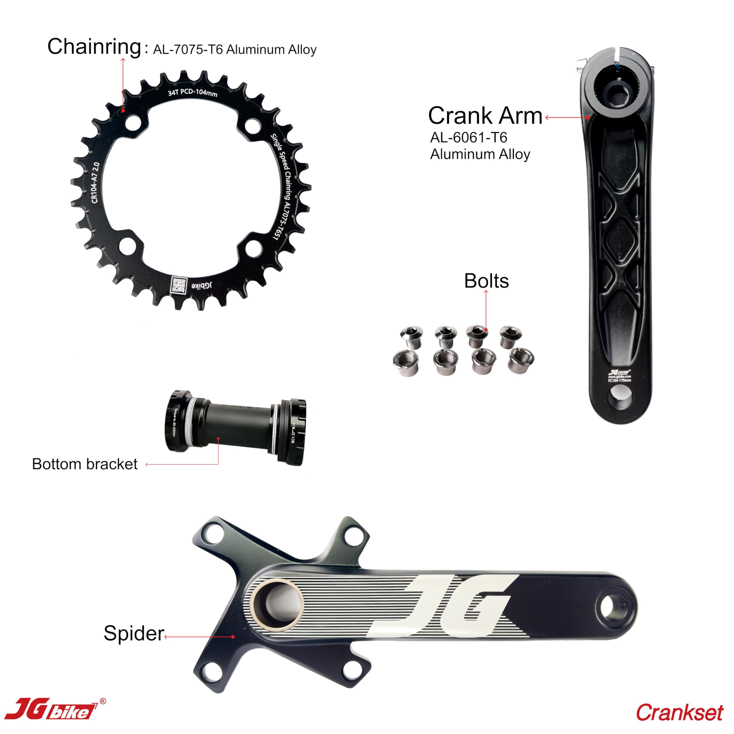 JGbike Crank Arm Set Mountain Bike Crankset Arm Set 170mm 104 BCD with 68 73 Bottom Bracket Kit and Chainring Bolts for MTB BMX Road Bicyle,Compatible with Shimano,SRAM,FSA, Gaint