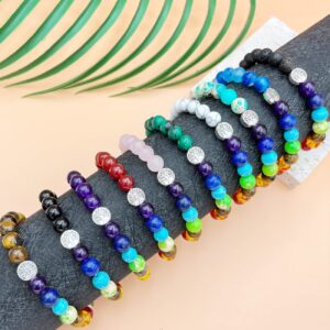 BOMAIL 10Pcs Tree of Life Healing Crystals Bracelet - 7 Chakra Semi Precious Stones Beaded Bracelets Yoga Stress Relief Reiki Stretch Bracelets for Women Men