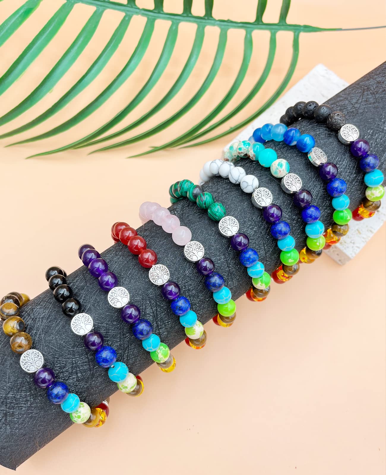 BOMAIL 10Pcs Tree of Life Healing Crystals Bracelet - 7 Chakra Semi Precious Stones Beaded Bracelets Yoga Stress Relief Reiki Stretch Bracelets for Women Men