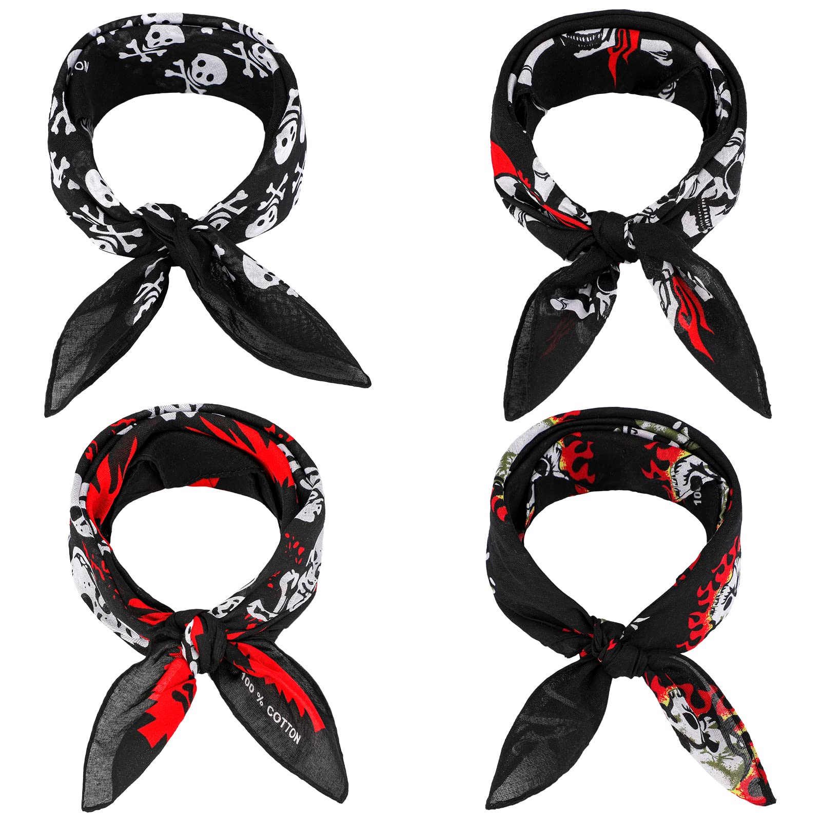 Jetec 4 Pcs Pirate Bandana for Men Cotton Squares Headwraps Pirate Skull Scarf Soft Lightweight Neckerchiefs Handkerchief(Fire Skull)