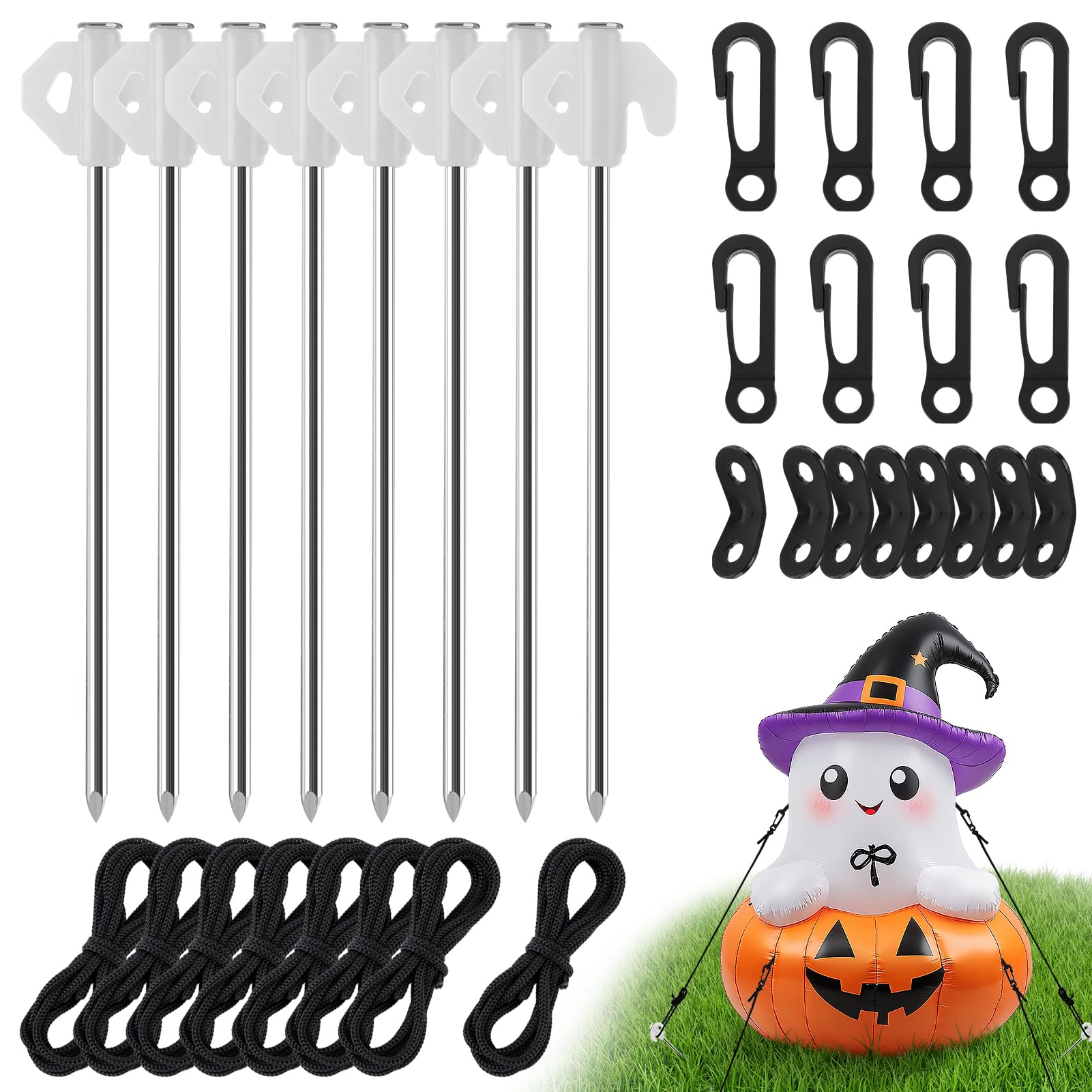 8 Sets Metal Inflatables Stakes- Heavy Duty Inflatable Stakes and Tethers, Yard Ground Blow Up Stake Pegs for Halloween Christmas Outdoor Inflatable Decoration Tie Downs