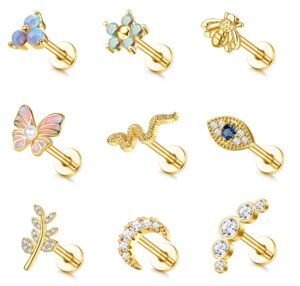 funrun jewelry 9pcs 16g cartilage stud earring for women stainless steel top screw flat back earrings butterfly moon flower cz cartilage earrings helix tragus piercing jewelry, length: 6mm, metal,