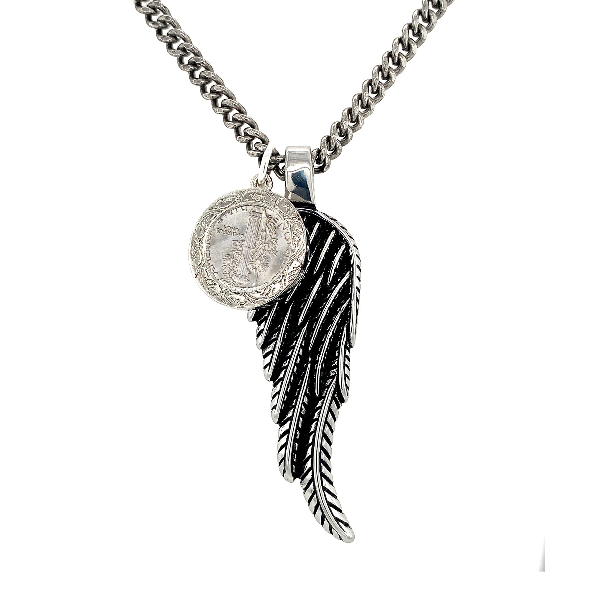 American Coin Treasures Coin Pendant Mercury Dime Wing Stainless Steel With 23 inch S-Curb Chain Necklace