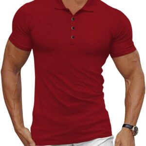 Gnvviwl Mens Waffle Knit Polo Shirts Short Sleeve Slim Fit Golf Casual Tee Shirts Red