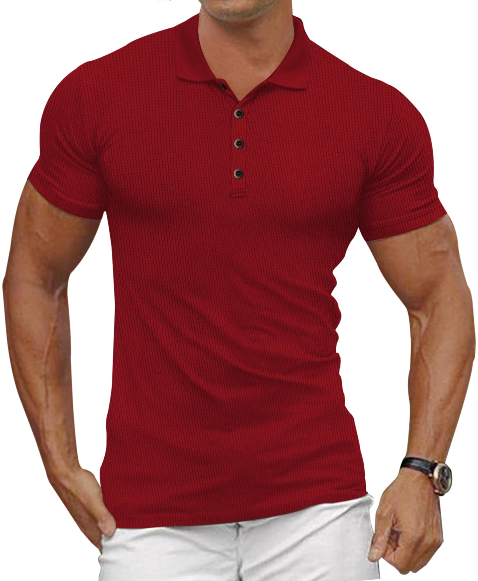 Gnvviwl Mens Waffle Knit Polo Shirts Short Sleeve Slim Fit Golf Casual Tee Shirts Red