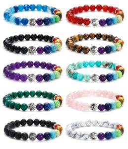 bomail 10pcs tree of life healing crystals bracelet - 7 chakra semi precious stones beaded bracelets yoga stress relief reiki stretch bracelets for women men