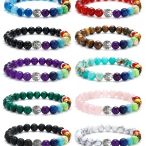 BOMAIL 10Pcs Tree of Life Healing Crystals Bracelet - 7 Chakra Semi Precious Stones Beaded Bracelets Yoga Stress Relief Reiki Stretch Bracelets for Women Men