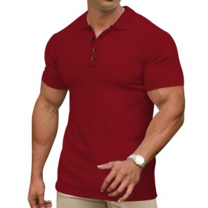 Gnvviwl Mens Waffle Knit Polo Shirts Short Sleeve Slim Fit Golf Casual Tee Shirts Red