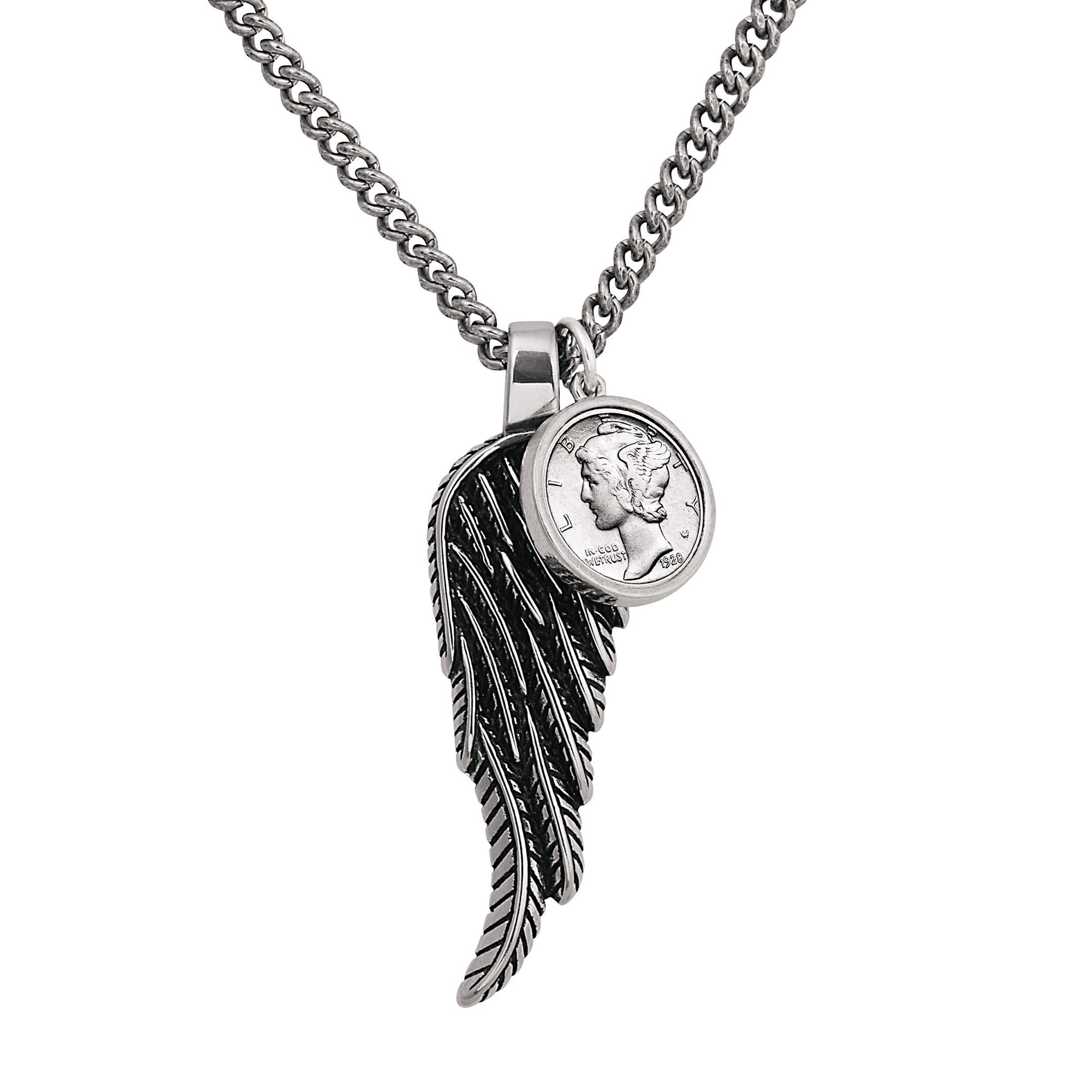 American Coin Treasures Coin Pendant Mercury Dime Wing Stainless Steel With 23 inch S-Curb Chain Necklace