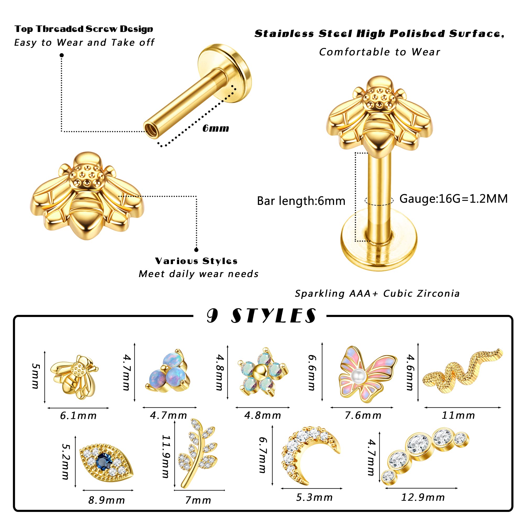 FUNRUN JEWELRY 9Pcs 16G Cartilage Stud Earring for Women Stainless Steel Top Screw Flat Back Earrings Butterfly Moon Flower CZ Cartilage Earrings Helix Tragus Piercing Jewelry, Length: 6MM, Metal,