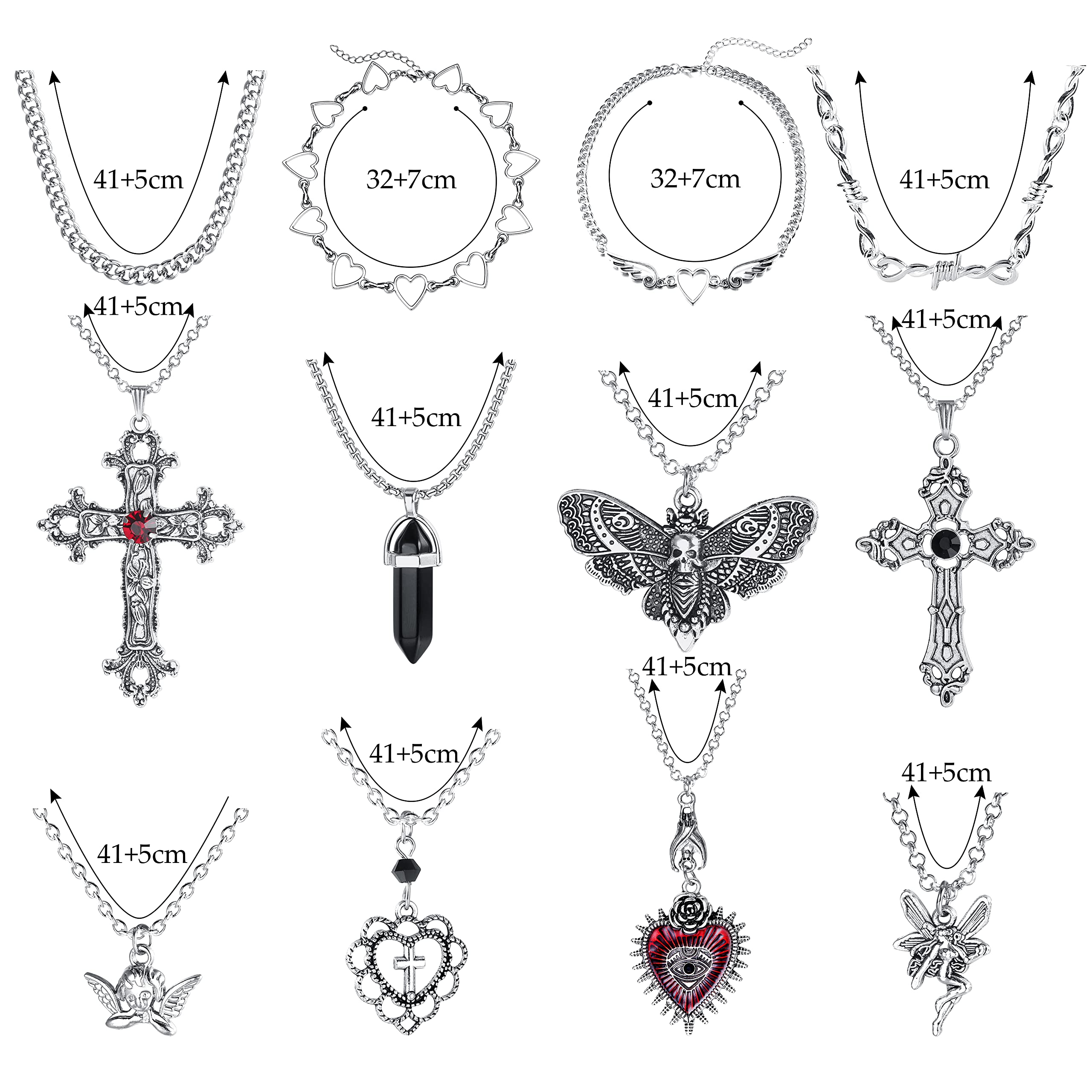 FIASASO 12Pcs Grunge Goth Necklace Set for Women Teen Cool Y2k Grunge Jewelry Gothic Cross Evil Eye Butterfly Crystal Angel Heart Wing Chain Choker Necklace Y2k Accessories silver