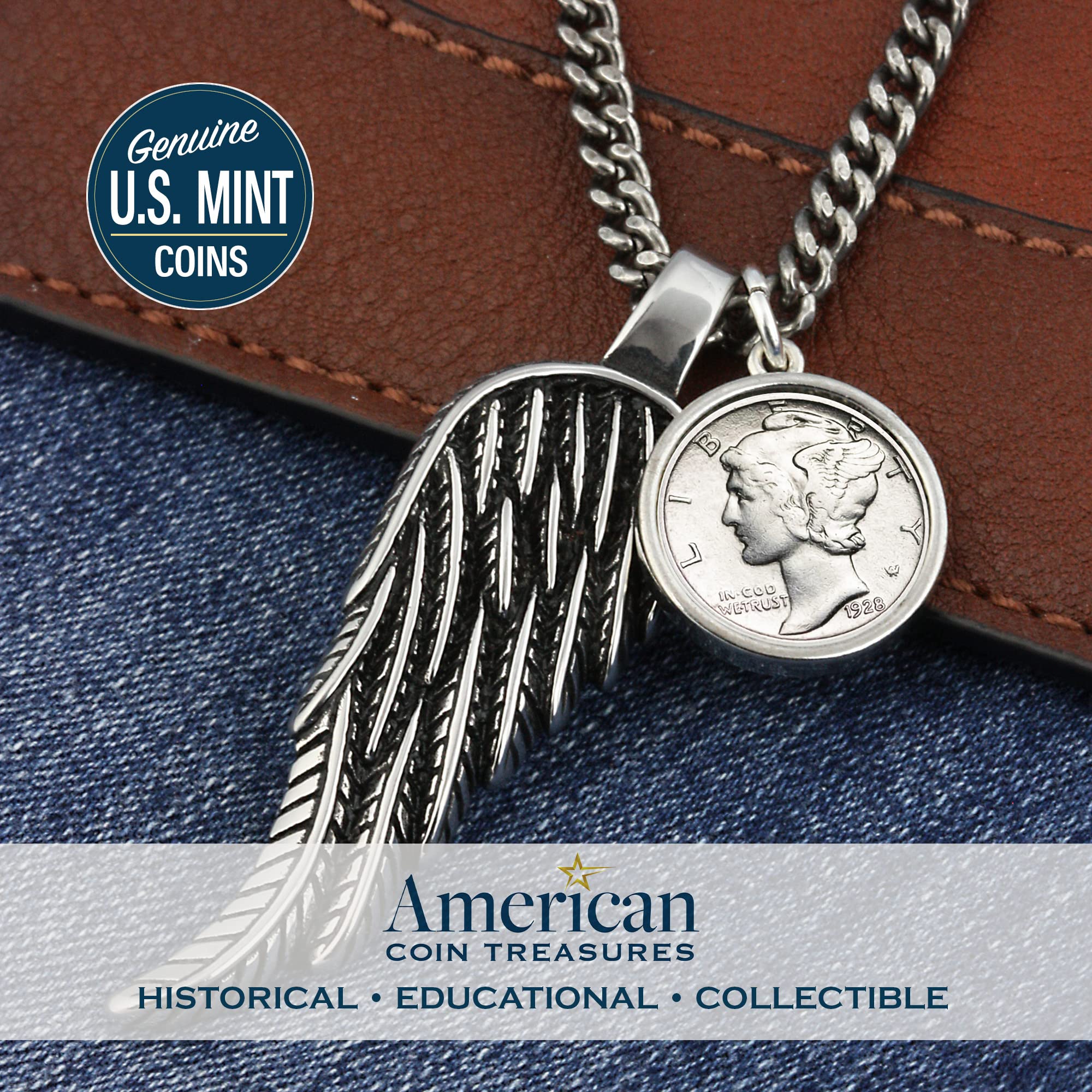 American Coin Treasures Coin Pendant Mercury Dime Wing Stainless Steel With 23 inch S-Curb Chain Necklace