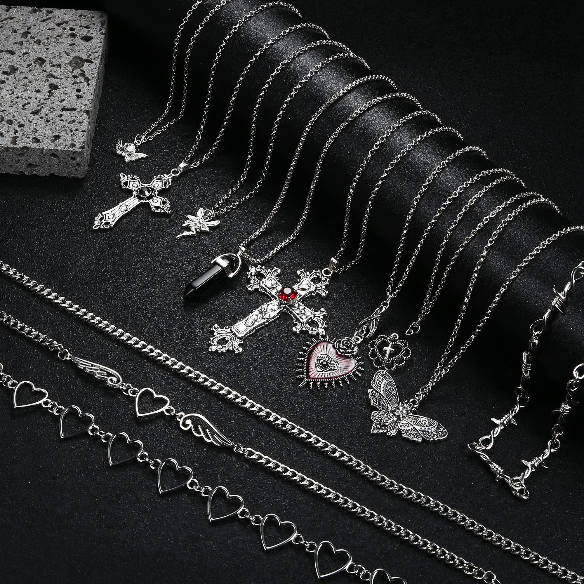 FIASASO 12Pcs Grunge Goth Necklace Set for Women Teen Cool Y2k Grunge Jewelry Gothic Cross Evil Eye Butterfly Crystal Angel Heart Wing Chain Choker Necklace Y2k Accessories silver