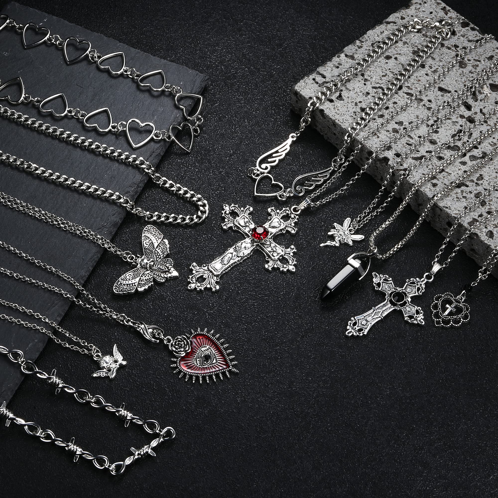 FIASASO 12Pcs Grunge Goth Necklace Set for Women Teen Cool Y2k Grunge Jewelry Gothic Cross Evil Eye Butterfly Crystal Angel Heart Wing Chain Choker Necklace Y2k Accessories silver