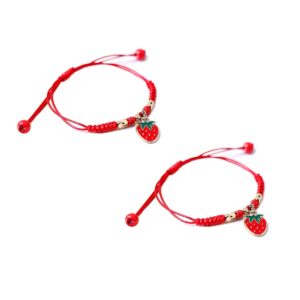 2pcs summer fruit strawberry cherry stretch string bracelet strawberry cherry beaded charm handmade weave red rope braided adjustable bracelet for women best friends friendship jewelry gift (2pcs strawberry)