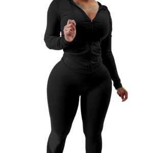 PINSV Women Two Piece Outfits Workout Sets Bodycon Tracksuit Long Sleeve Zip Up Hoodie Jacket Jogger Matching Sweat Pants Set Black L