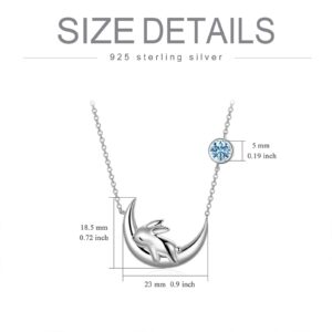 PEIMKO Sterling Silver Bunny on the Moon Necklace for Women, Simulated Birthstone Pendant Necklaces, March Birthday Gift for Women