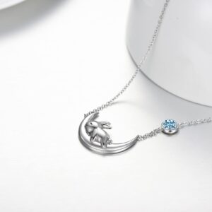 PEIMKO Sterling Silver Bunny on the Moon Necklace for Women, Simulated Birthstone Pendant Necklaces, March Birthday Gift for Women