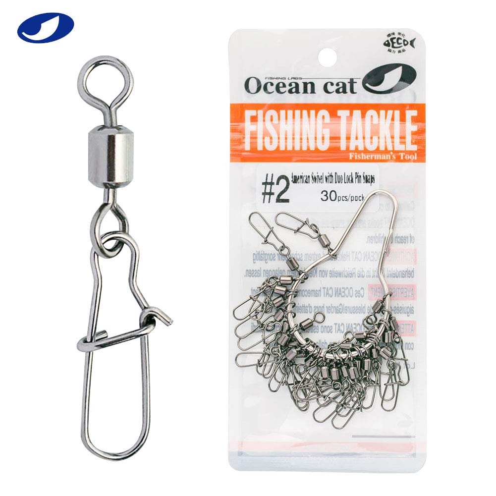 OCEAN CAT 60-150 Pcs American Swivel with Duo Lock Pin Snap Fishing Snaps Kit Hooked Cross Snaps Stainless Steel Sea Fishing Tackle Hook Lure Connector Fishing Swivel Size 1#2#4#6#8# (#6, 150 pcs)