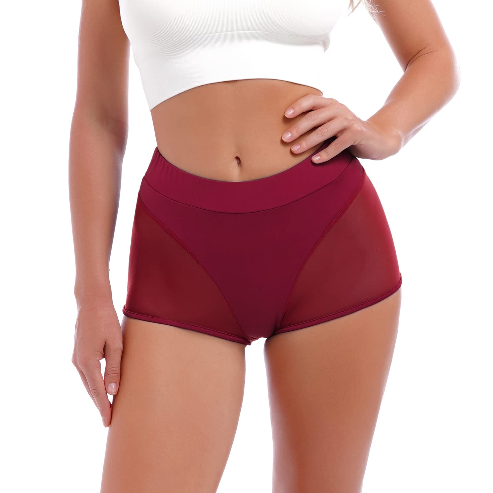 Women High Waist Mesh Tulle Activewear Yoga Dance Shorts Belly Bottoms Rave Booty Shorts Mini Hot Pants Stage Nightclub Clubwear Wine Red XX-Large