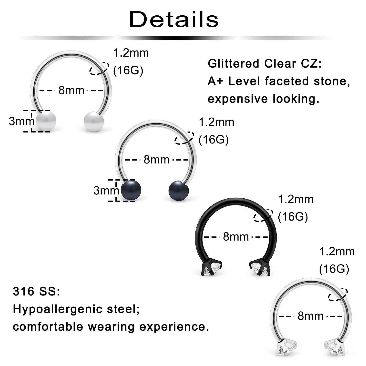 Ftovosyo 24Pcs 16G Surgical Steel Nose Septum Rings Piercing Jewelry Horseshoe Cartilage Helix Daith Earring Hoop Eyebrow Lip Hoop for Women Men 8mm 5/16 Inch Silver Black