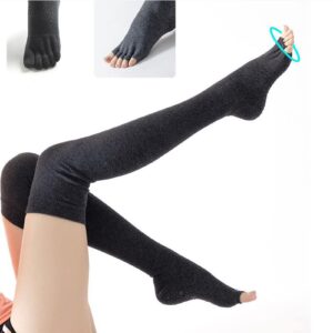 2 PCS Thigh High Yoga Socks for Women Non-Slip Toeless Long Socks for Pilates Pure Barre Dance Barefoot Workout (Black-Strips)